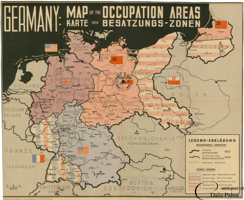 POST WW II GERMANY. Germany. Map of the Occupation Areas. Karte der ...